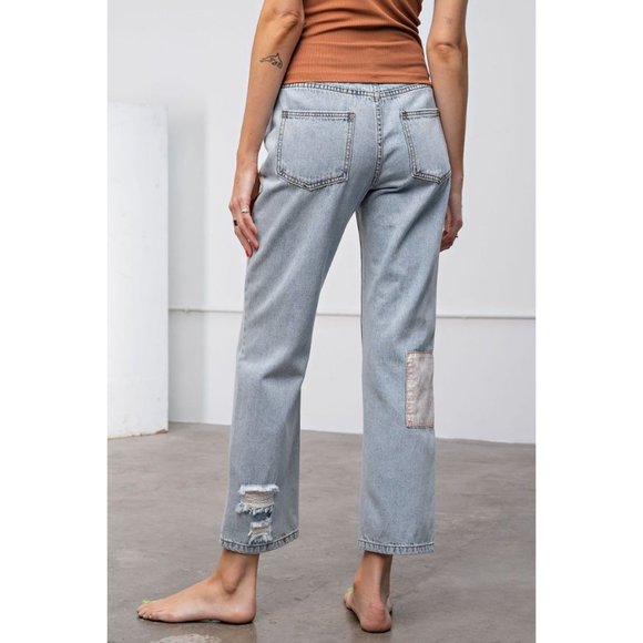easel | Pants & Jumpsuits | Easel Lt Denim Distressed Straight Legs Zip ...